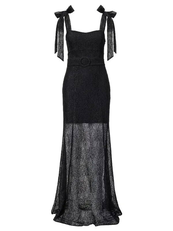 LITA COUTURE Floral Lace Glitter Maxi Dress - Black