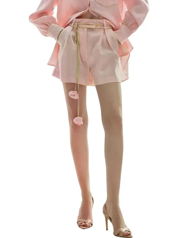 LITA COUTURE Linen Belted Shorts With Rosette Detail - Pink