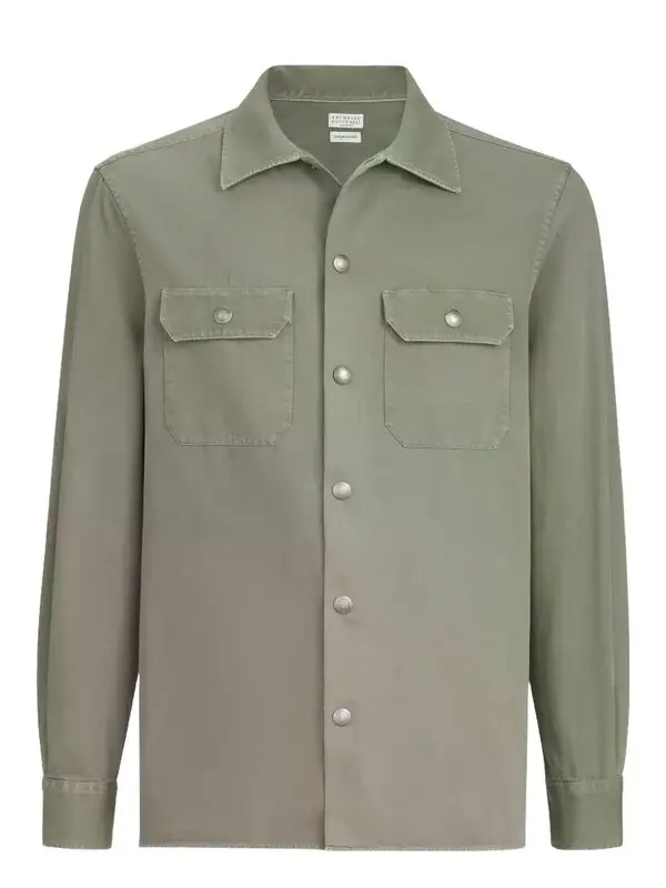 Brunello Cucinelli Garment-dyed Overshirt In Cotton Gabardine With Spread Collar And Chest Pockets - Green