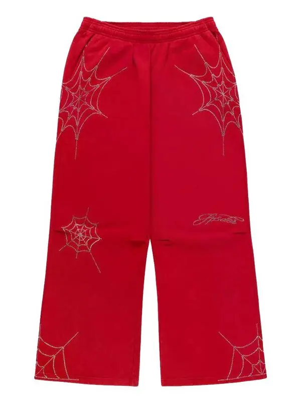 SP5DER Rhinestone-embellished Spider-web Track Pants - Red