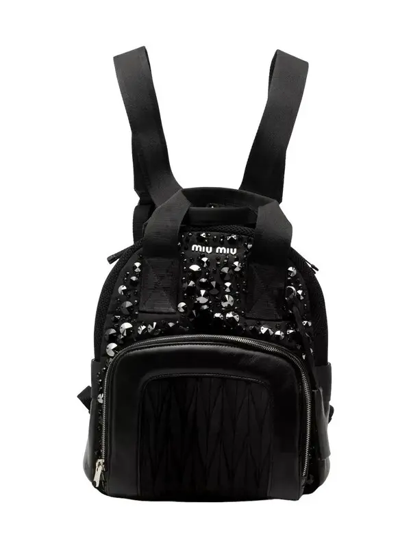 Miu Miu Leather Trimmed Matelasse Crystal Embellished Nylon Backpack - Black