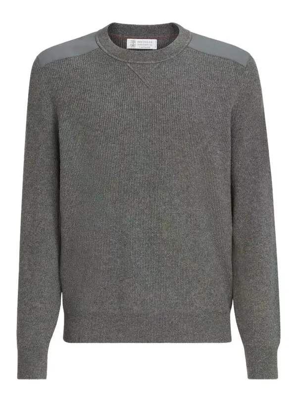 Brunello Cucinelli Ribbed Cashmere Crewneck Sweater With Cotton Inserts - Grey