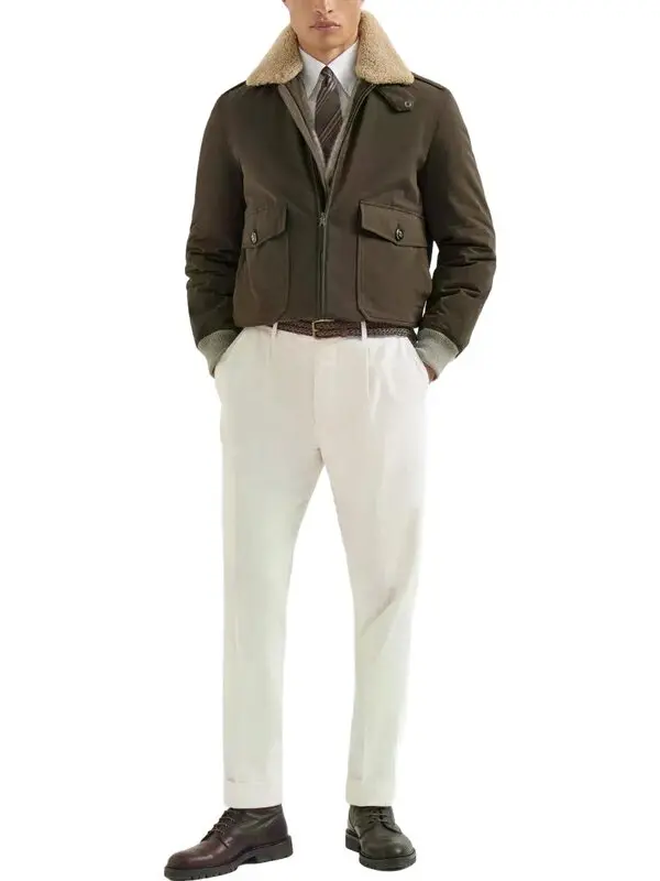 Brunello Cucinelli Waxed Techno Cotton Bomber Jacket With Detachable Shearling Collar - Grey