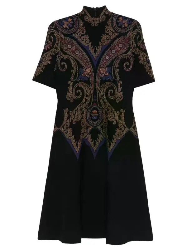 Etro Paisley Pattern Mock Neck Midi Dress - Black