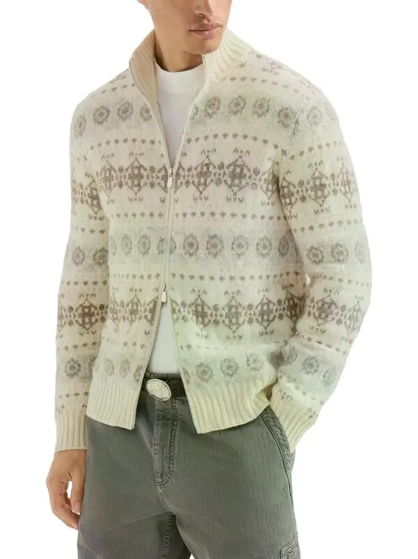 Brunello Cucinelli Cashmere Jacquard High-neck Zip Cardigan - Neutrals