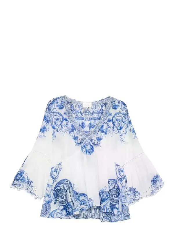 Camilla Silk Floral Print V-neck Blouse - White