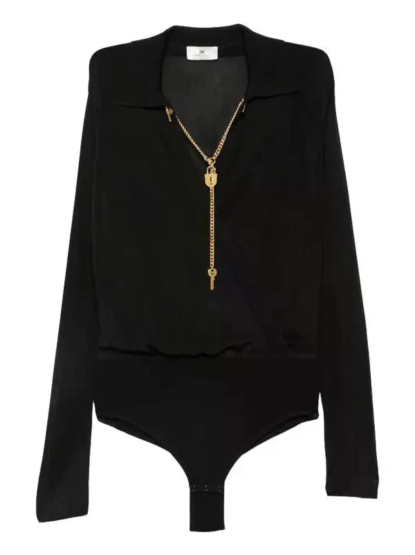 Elisabetta Franchi Ribbed Bodysuit With Gold-tone Chain Detail - Black