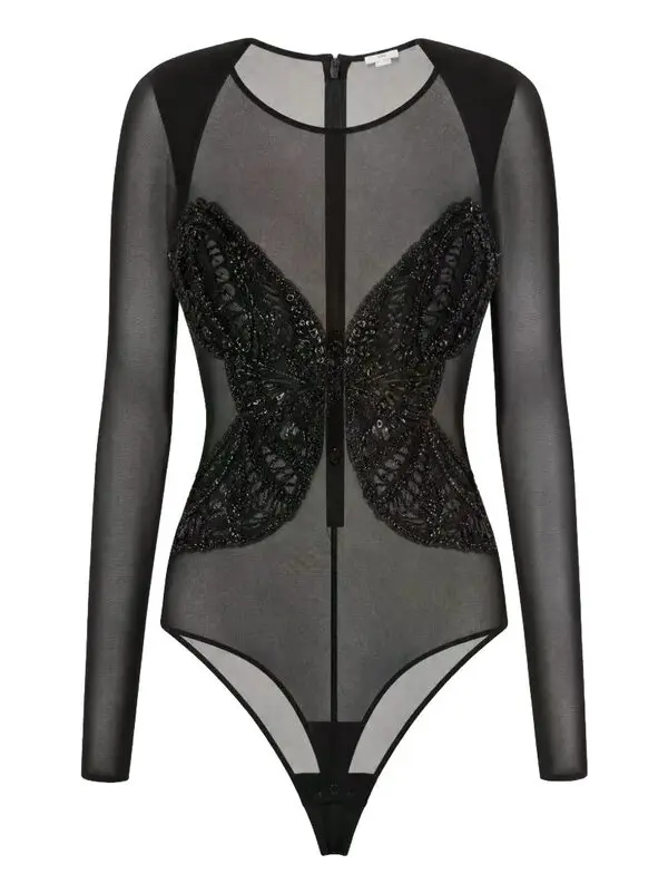 Elisabetta Franchi Sheer Butterfly Patch Bodysuit - Black