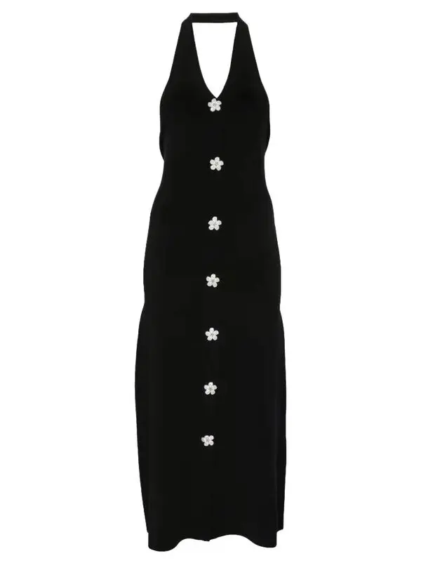 Maje Halterneck V-neck Midi Dress With Flower Embellishments - Black
