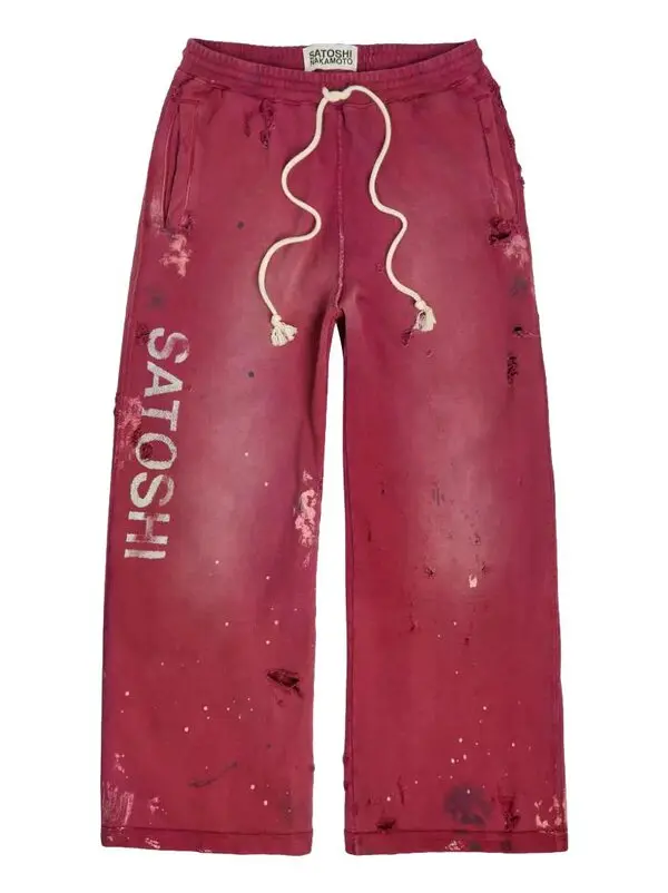 SATOSHI NAKAMOTO Distressed Paint-splatter Track Pants - Red