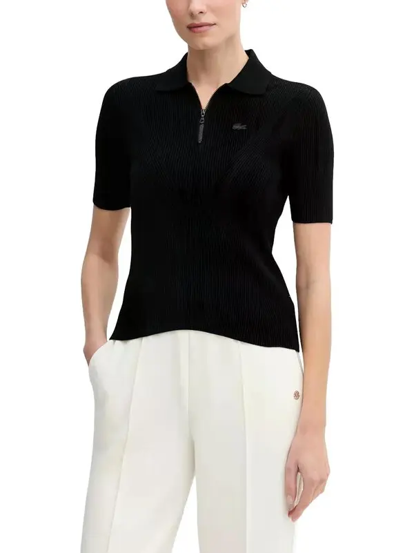 Lacoste Ribbed-knit Half-zip Polo Top - Black