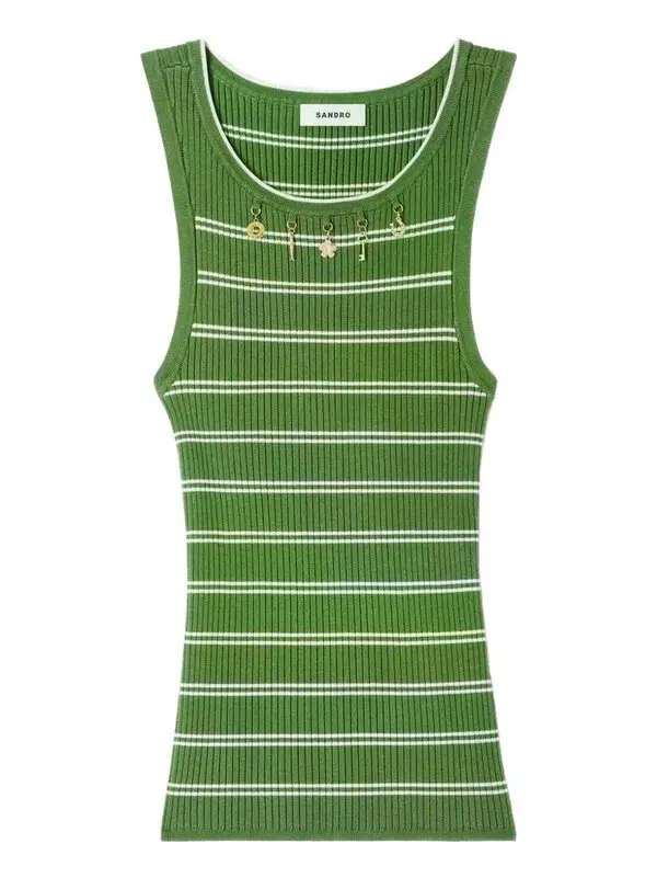 Sandro Striped Charm-embellished V-neck Tank Top - Green