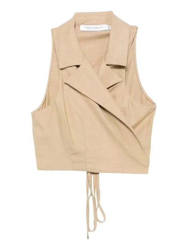 SIMONA CORSELLINI Sleeveless Wrap Cropped Top With Notched Lapels - Neutrals