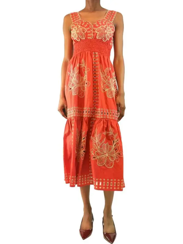 Rails Embroidered Sweetheart Neck Midi Dress - Red