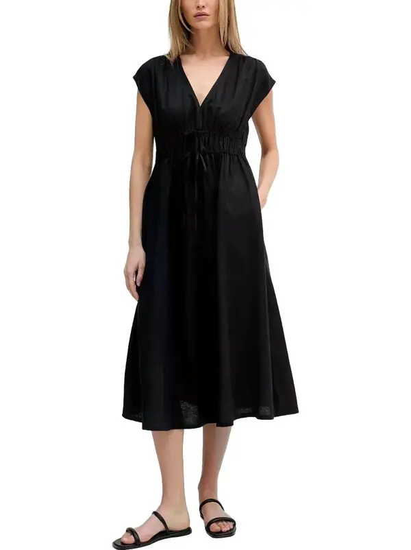 BENETTON V-neck Midi Dress With Drawstring Waist - Black