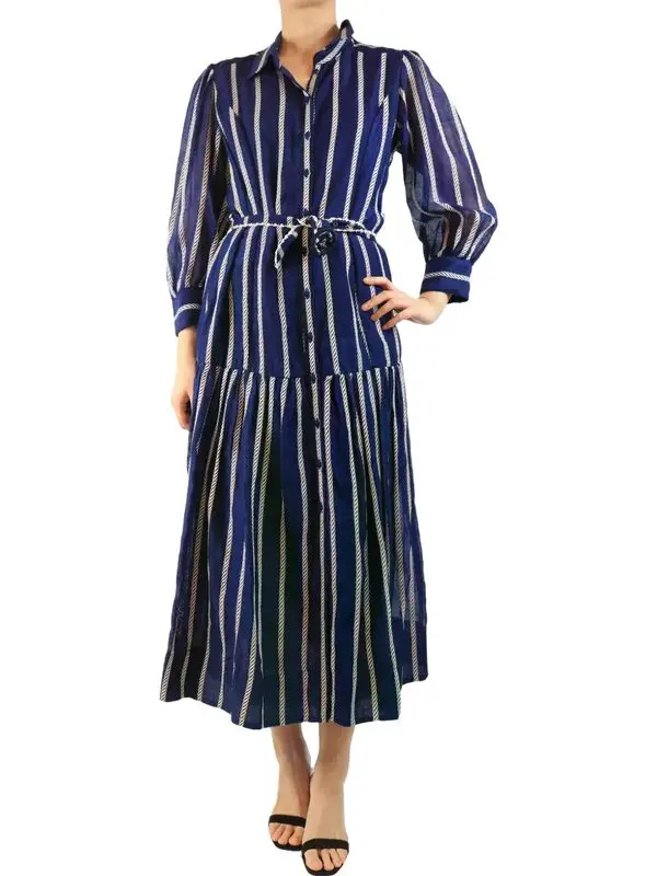 Beulah Belted Striped Midi Dress - Blue