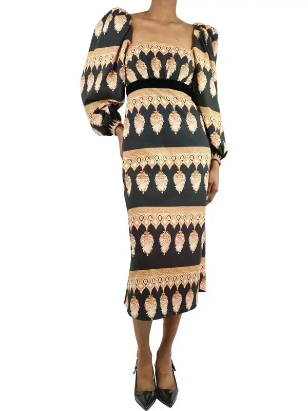 Johanna Ortiz Puff-sleeve Printed Midi Dress - Black