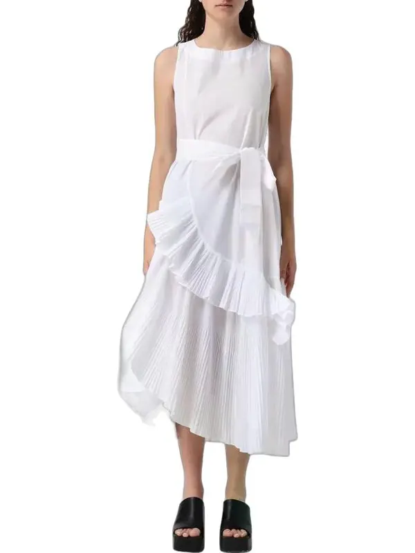 MEIMEIJ Asymmetrical Pleated Trim Dress - White
