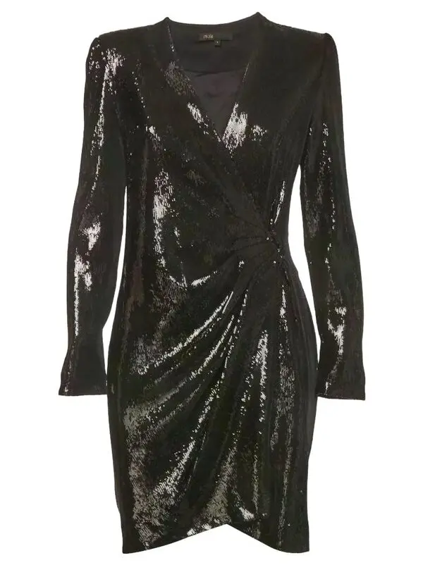 Maje Sequin Wrap Mini Dress - Black