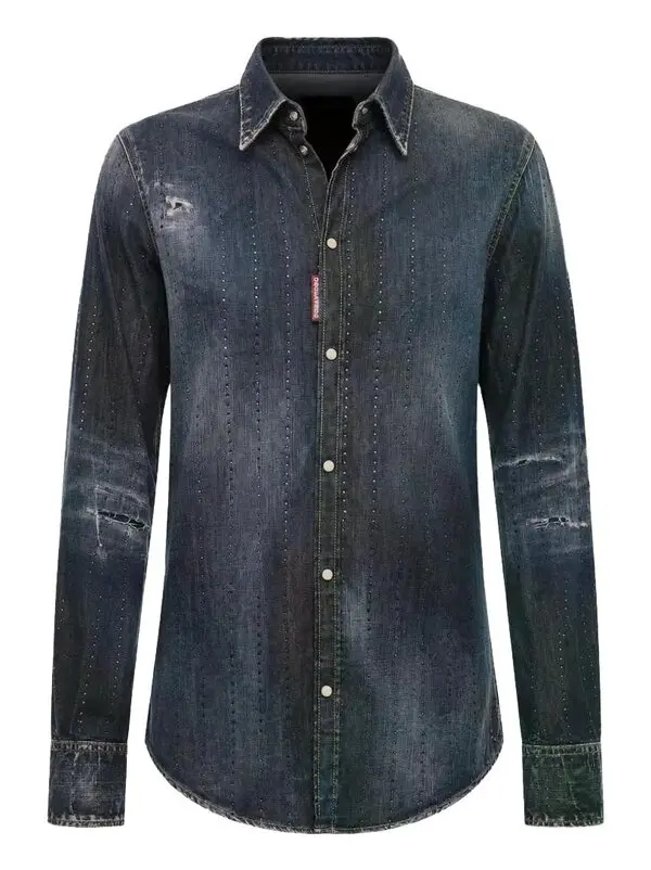 Dsquared2 Rhinestone Embellished Distressed Denim Shirt - Blue