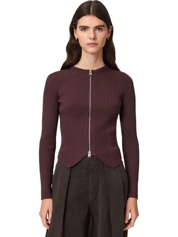 ALLSAINTS Cruz Ribbed Dual Zip Cardigan - Brown
