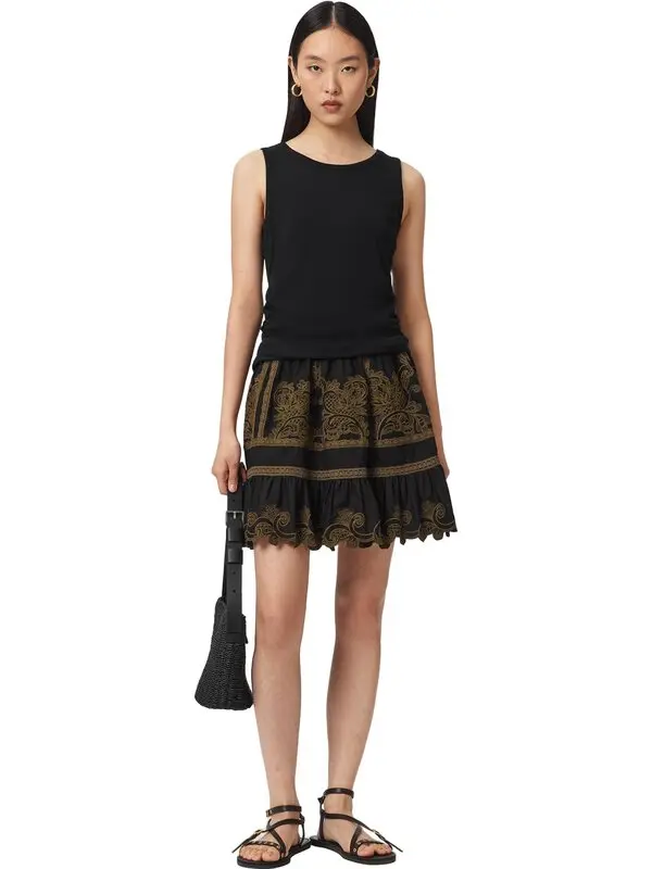 ALLSAINTS Katya Embroidered Tiered Mini Skirt - Black/khaki