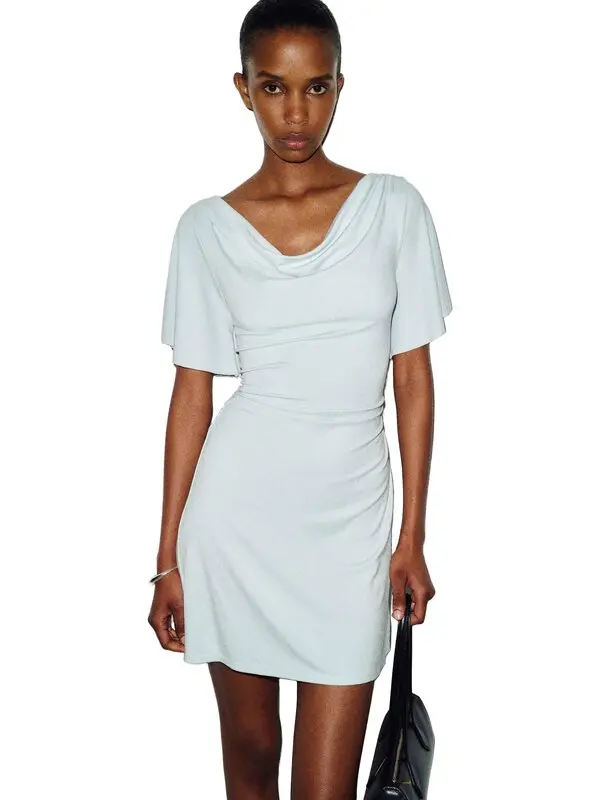 REFORMATION Nina Knit Mini Dress With Cowl Neckline And Flutter Sleeves - Blue