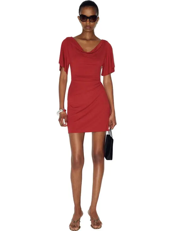 REFORMATION Nina Knit Mini Dress With Cowl Neckline And Flutter Sleeves - Red