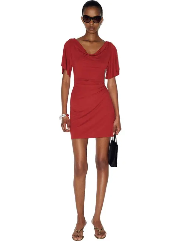 REFORMATION Nina Knit Mini Dress With Cowl Neckline And Flutter Sleeves - Red