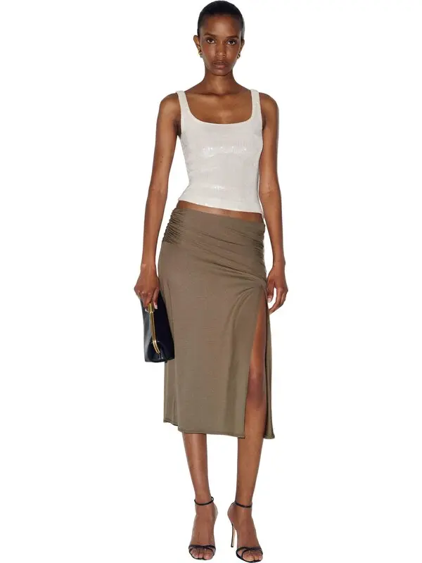 REFORMATION Sadie Knit Skirt With Side Slit And Ruching - Brown