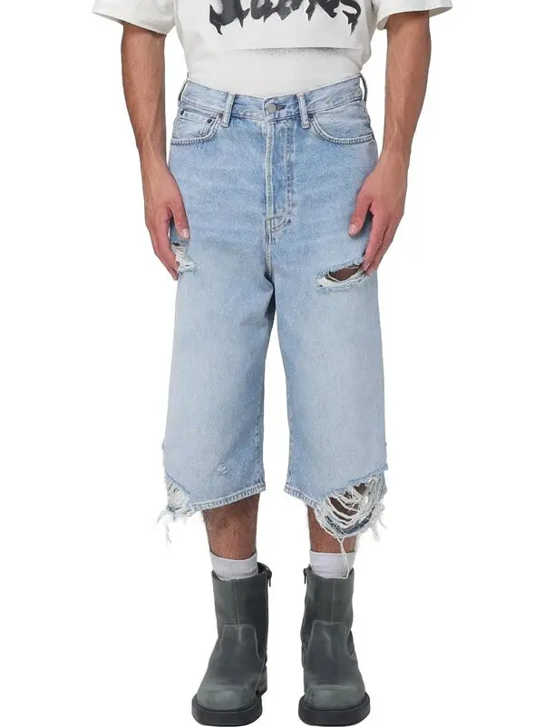 Acne Studios Knee-length Distressed Denim Shorts With Raw-cut Hem - Gnawed Blue