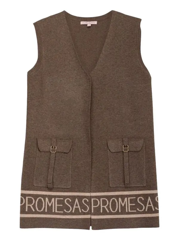 Dolores Promesas Long Knit Vest With Buckle Pockets - Brown