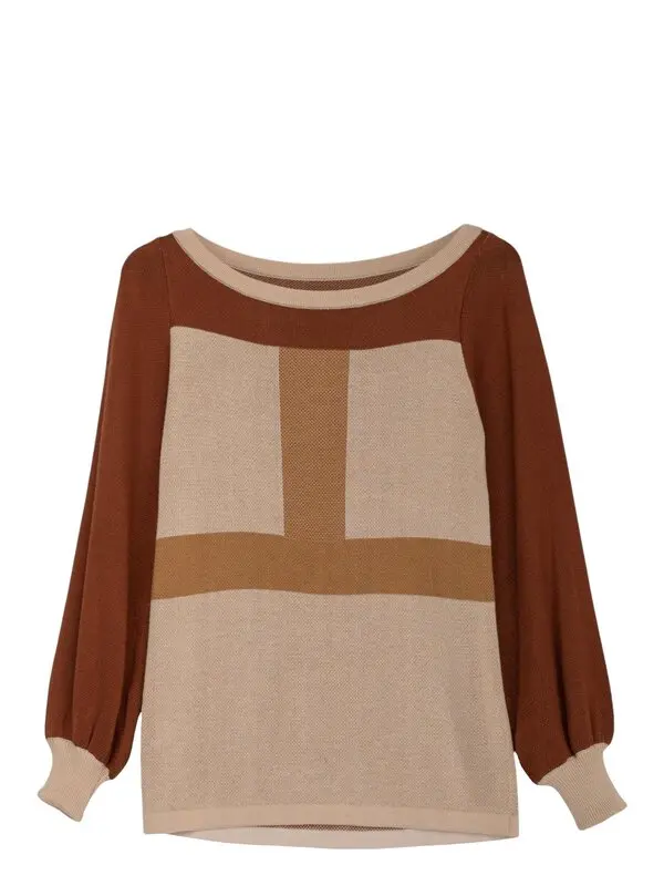 DOLORES PROMESAS Color Block Puff Sleeve Sweater - Brown