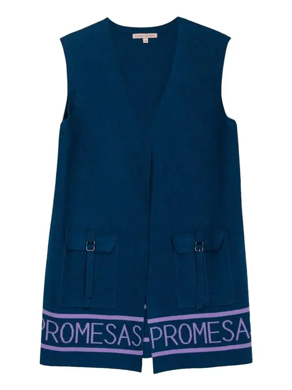 Dolores Promesas Long Tricot Vest With Buckle Pocket Details - Blue