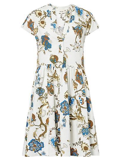 ME+EM Floral-print Gathered-waist Cotton Mini Dress - Light Cream Multi