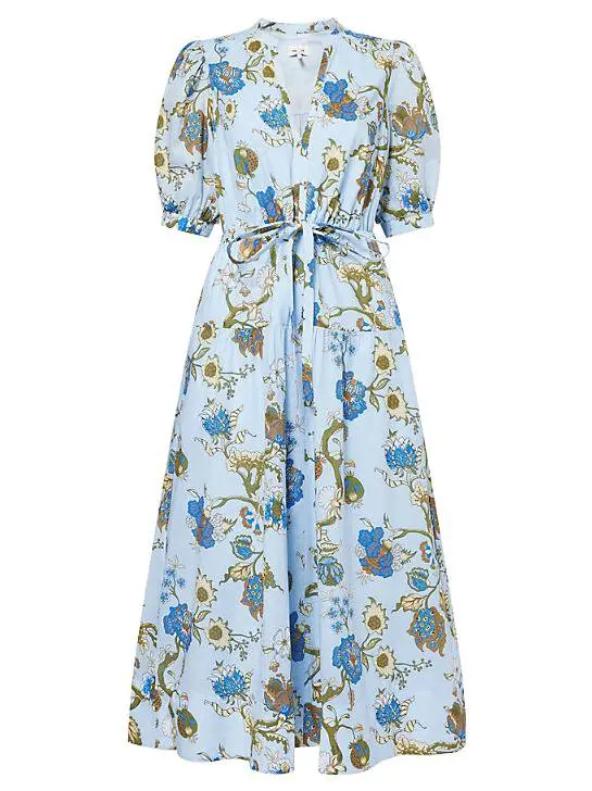 ME+EM Floral-print Drawstring-waist Cotton Midi Dress - Blue/white