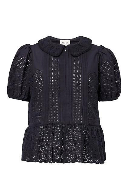 ME+EM Broderie Peplum Hem Cotton Top - Navy