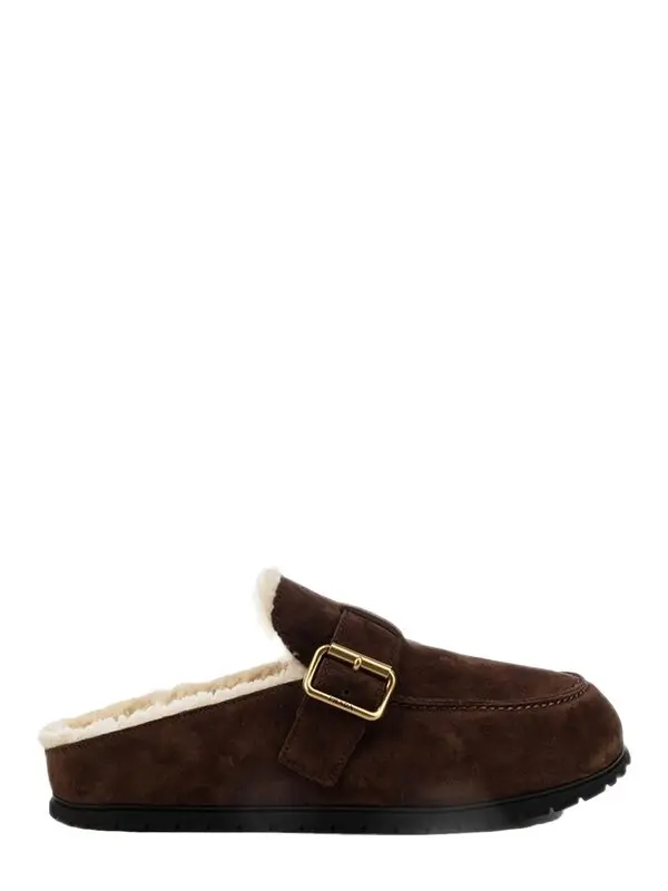 Prada Suede Clogs With Sheepskin Lining And Buckle Detail - Brown