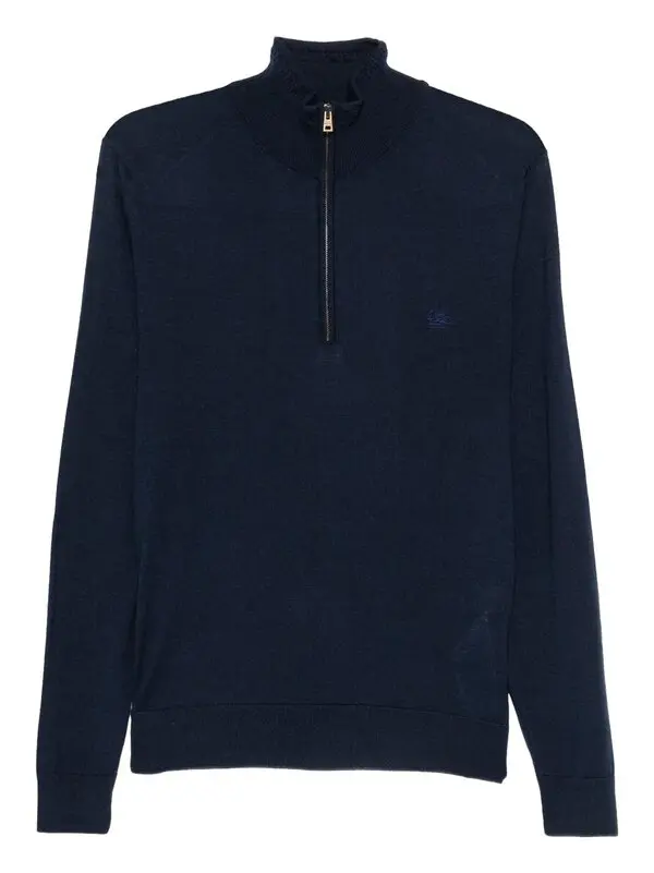Etro Wool And Silk Sweater With Zip And Pegasus Embroidery - Blue