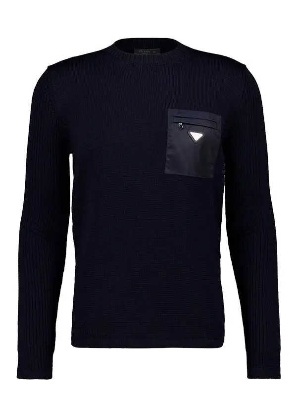 Prada Wool Crew Neck Sweater With Nylon Patch Pocket - Blue