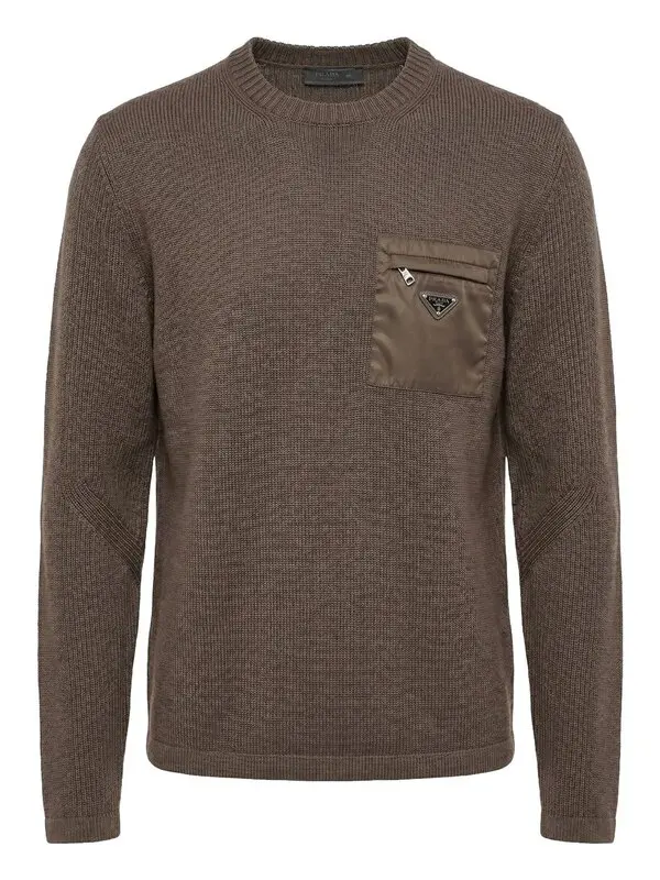 Prada Wool Sweater With Nylon Patch Pocket - Brown