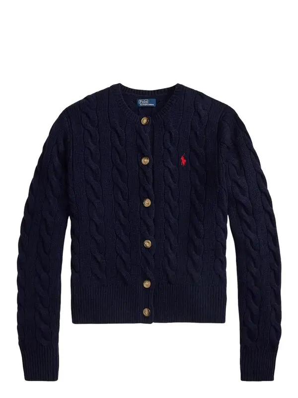 Polo Ralph Lauren Crew Neck Cable Knit Wool Blend Cardigan - Blue