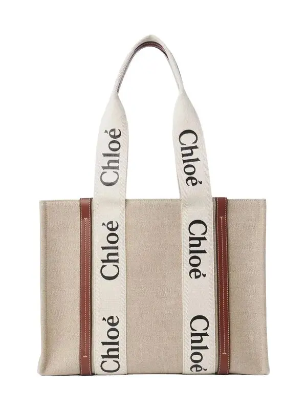 Chloé Tote Bag Woody In Linen - White