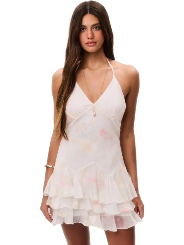 LoveShackFancy Adrinette Silk Chiffon Halter Mini Dress With Tiered Ruffles - Sundown Hazel