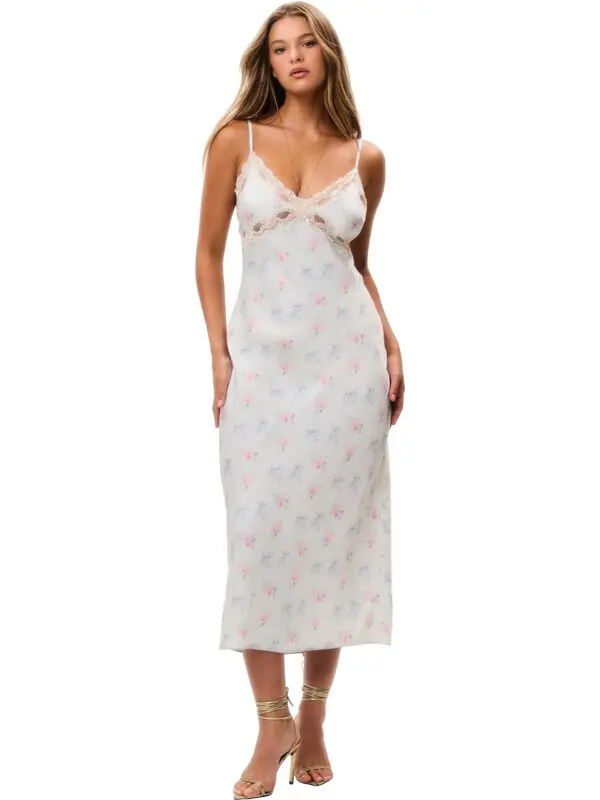 LoveShackFancy Idris Floral Satin Midi Dress With Lace Trim - Eucalyptus