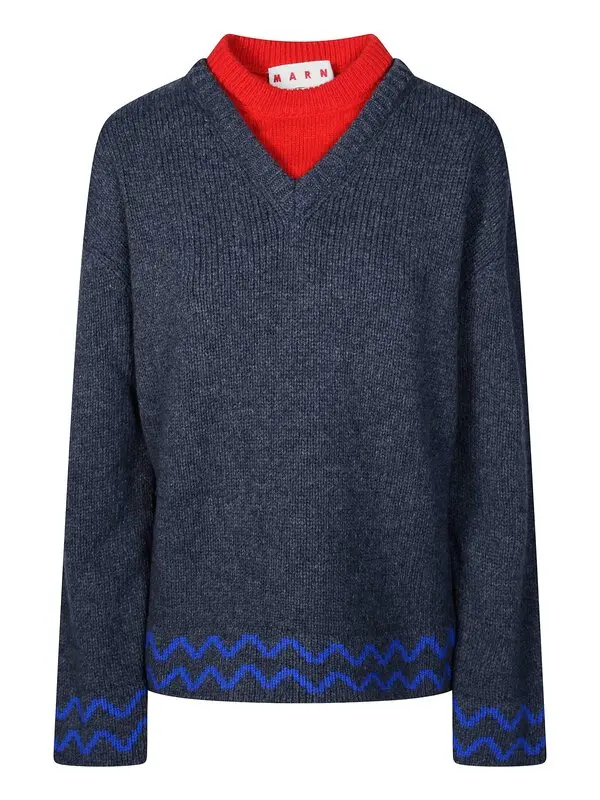 Marni V-neck Sweater With Geometric Trim - Nero