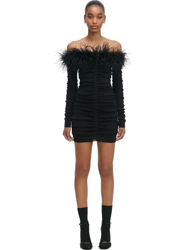 SELF-PORTRAIT Feather-trimmed Ruched Mini Dress - Black