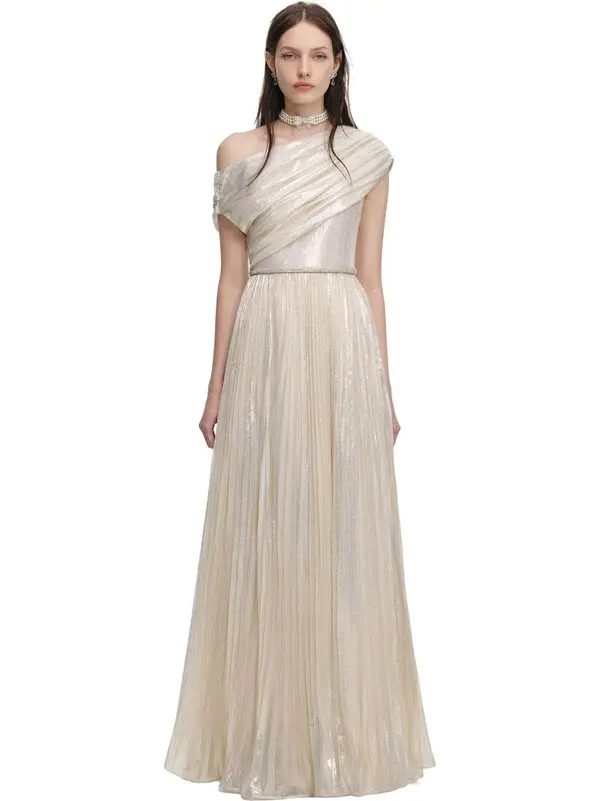 SELF-PORTRAIT Long Draped Asymmetrical Off-the-shoulder Dress With Removable Rhinestone Belt - Oro