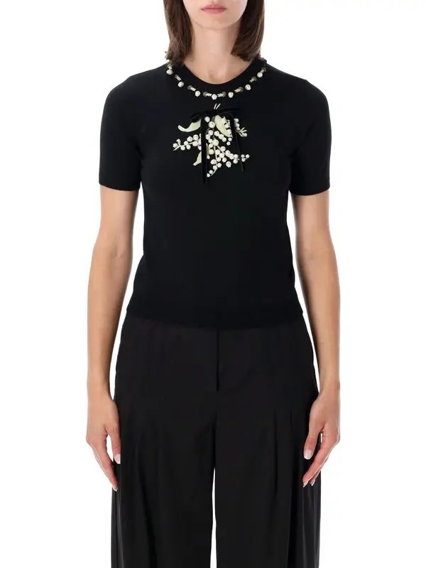 Valentino Garavani Virgin Wool Embroidered Floral Pullover With Velvet Bow - Nero