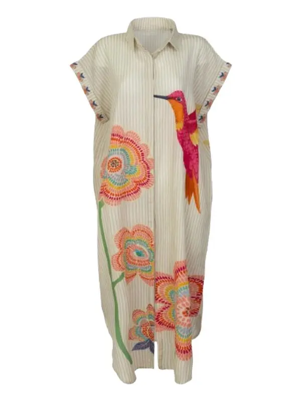 Saachi Hummingbird & Floral Print Kaftan - Brown